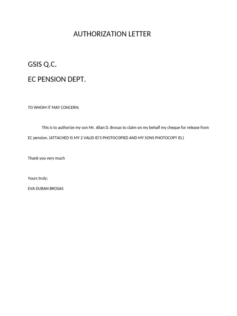 Authorization Letter for Pension Claim | PDF