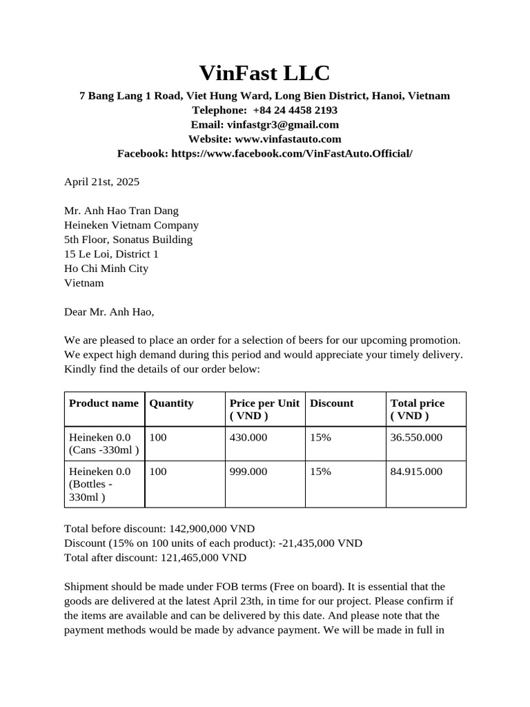 VinFast Beer Order Confirmation Letter | PDF