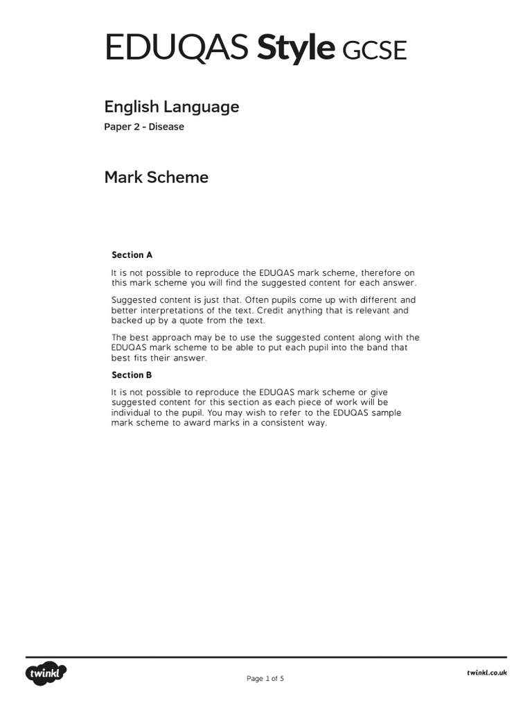 GCSE English Language Eduquas Style Exam P2 Disease - Mark Scheme | PDF