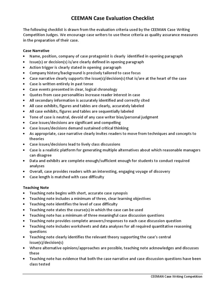 Case Evaluation Checklist | PDF | Data Analysis | Evaluation