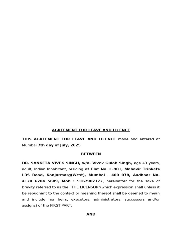 Agreement For Leave and Licence | PDF | License | Landlord