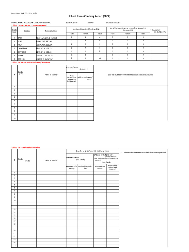 SFRC1-School Forms Checking Report Excel | PDF