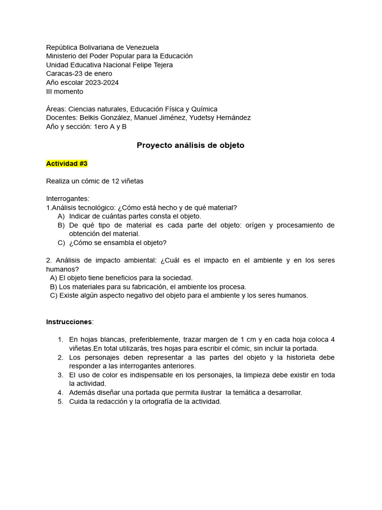 1er Año Actividad 3 Proyecto CN, EDF, QUIM | PDF | Cómics