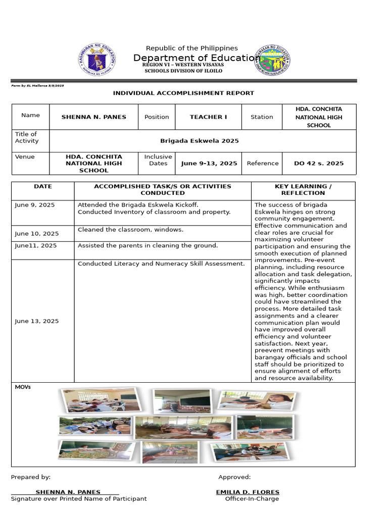 Brigada SDO Iloilo Individual Accomplishment Report | PDF | Cognition ...