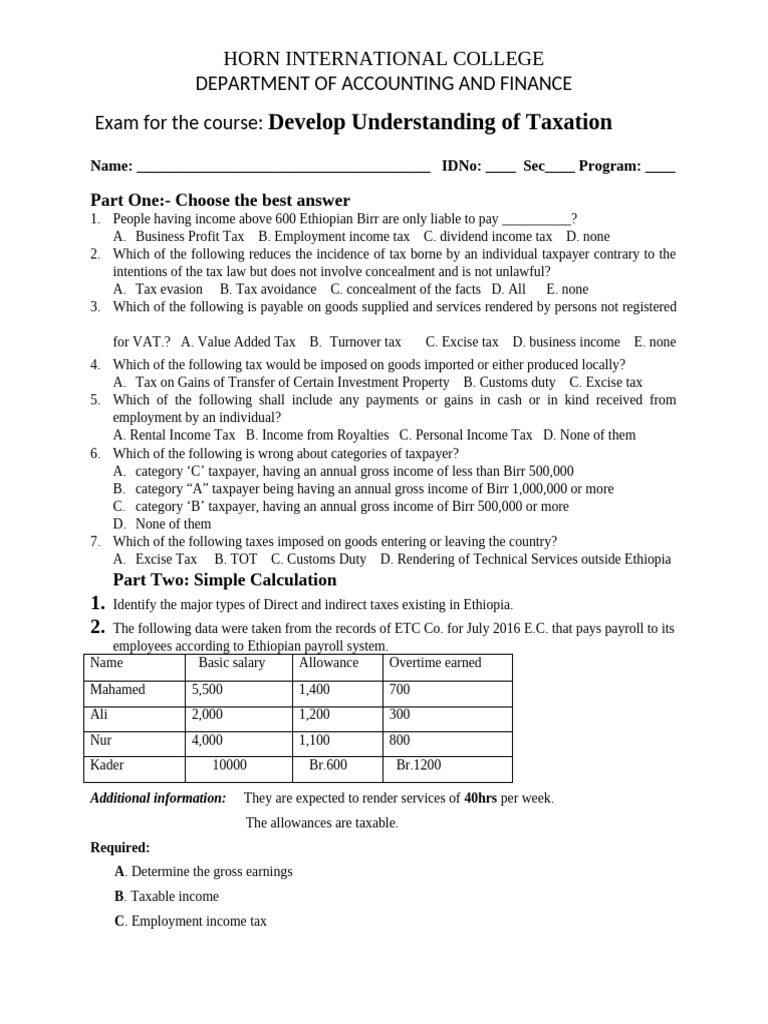 Taxation Exam Questions for Ethiopia | PDF | Taxes | Income Tax
