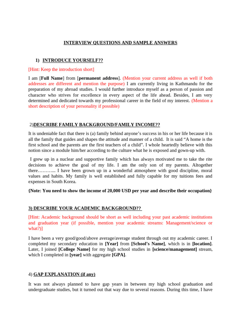 Interview Sample Questions (Korea) | PDF | Experience | University