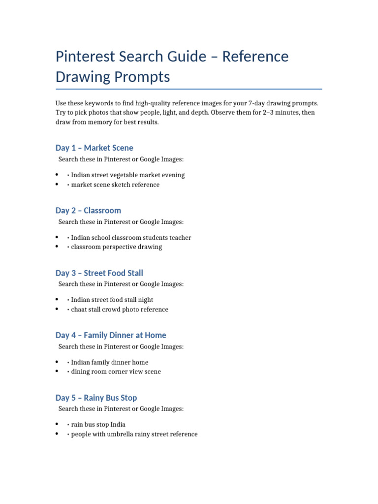 7-Day Drawing Prompt Keywords | PDF