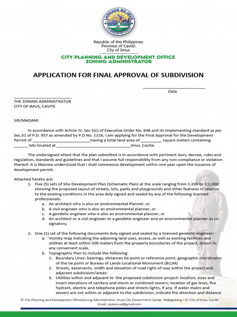 Final Approval Application for Subdivision | PDF | Civil Engineering ...