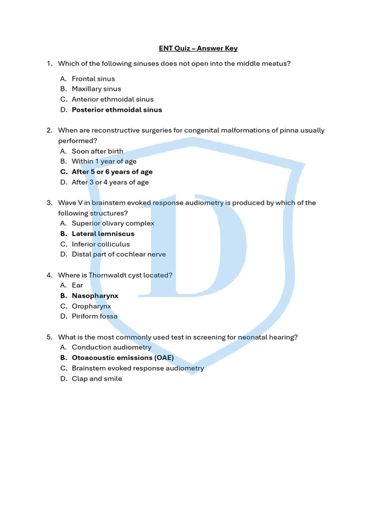 ENT Quiz - Answer Key | PDF | Ear | Diseases And Disorders