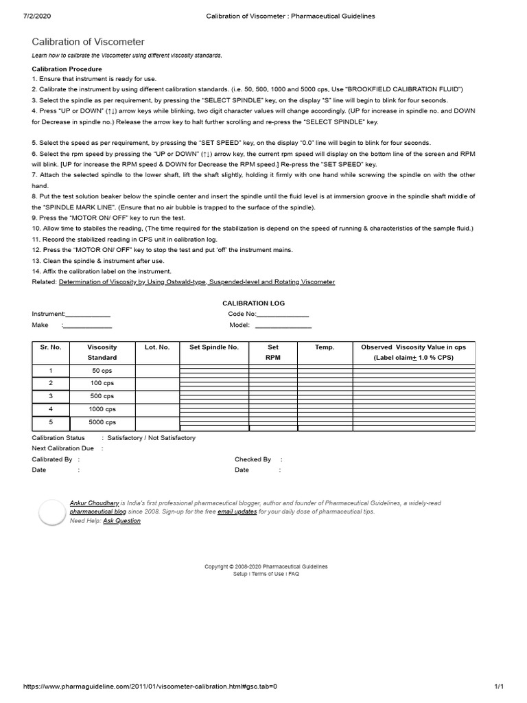 Calibration of Viscometer - Pharmaceutical Guidelines | PDF