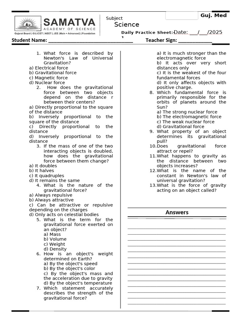 Gravitational Force Quiz for Students | PDF | Force | Gravity
