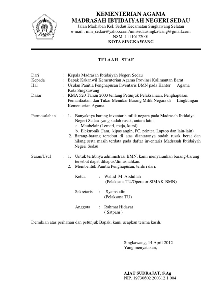 Telaah Staf Penghapusan BMN Sedau | PDF | Griya & Taman | Sains ...