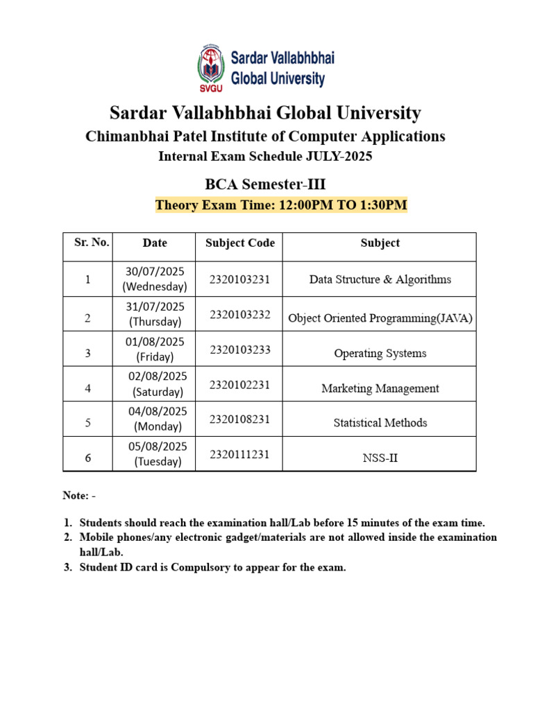 BCA Internal Theory Exam Time Table - Sem3 | PDF