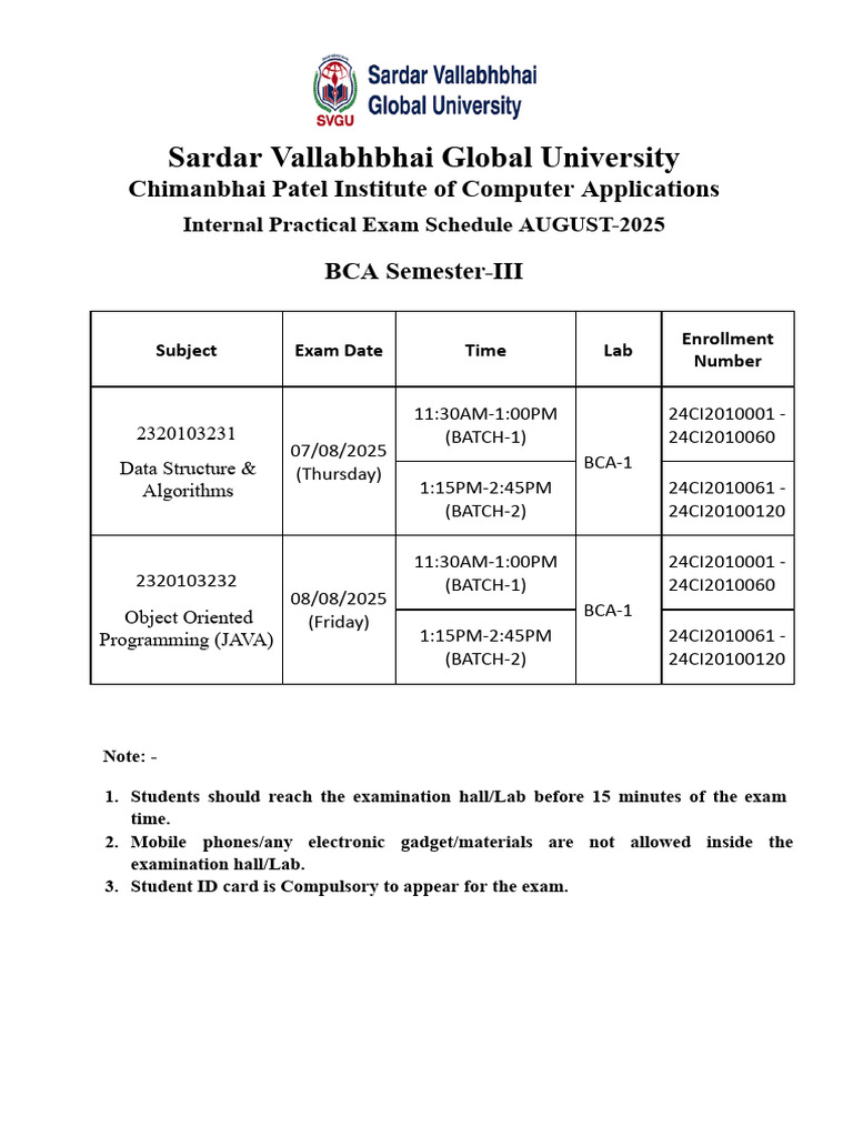 BCA Internal Practical Exam Timetable SEM-3 | PDF