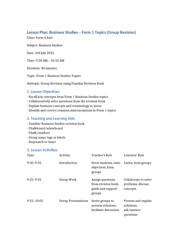 Business Studies Lesson Plan Form4East | PDF