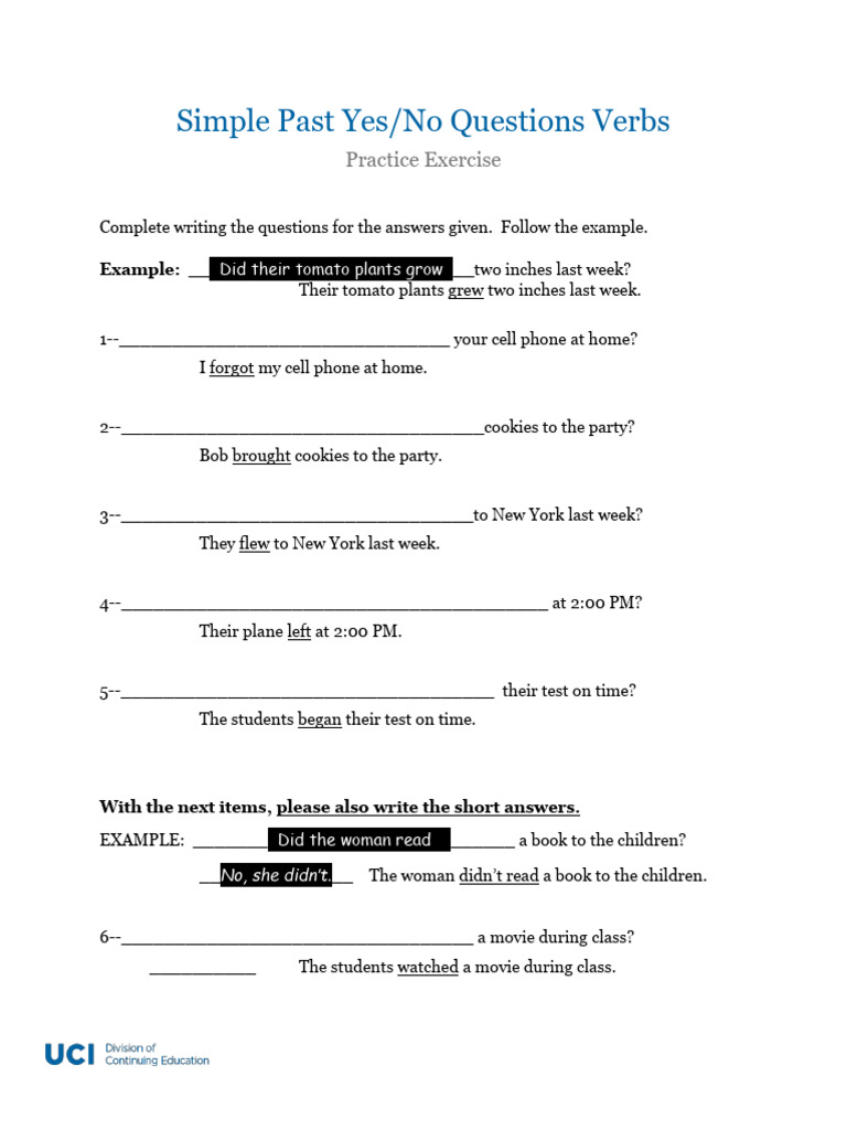 C3M3L2 - Simple Past Yes No Questions Verbs Practice Exercise | PDF