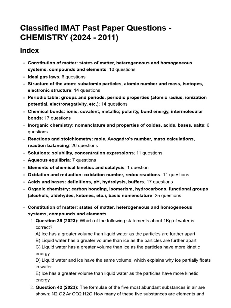 IMAT 2024 Chemistry Past Paper Questions | PDF | Chemical Equilibrium ...