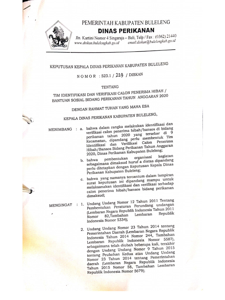 SK Tim Identifikasi Dan Verifikasi Calon Penerima Hibahbantuan Sosial ...