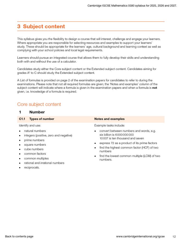 IGCSE Syllabus - Mathematics 0580 - 2025 - 2027 - Core Content Only ...