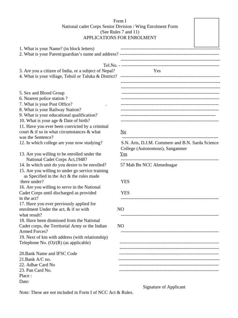 NCC Senior Division Enrollment Form | PDF | Indemnity | Common Law