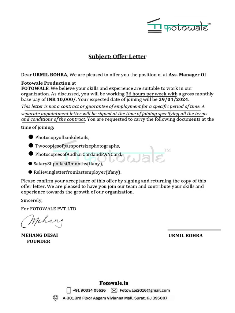 Offer Letter for Assistant Manager Position | PDF