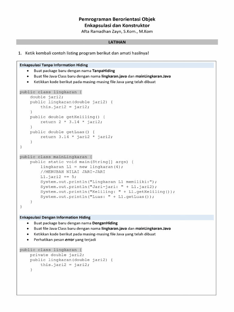 7 PBO - Enkapsulasi Dan Konstruktor Latihan Dan Tugas | PDF