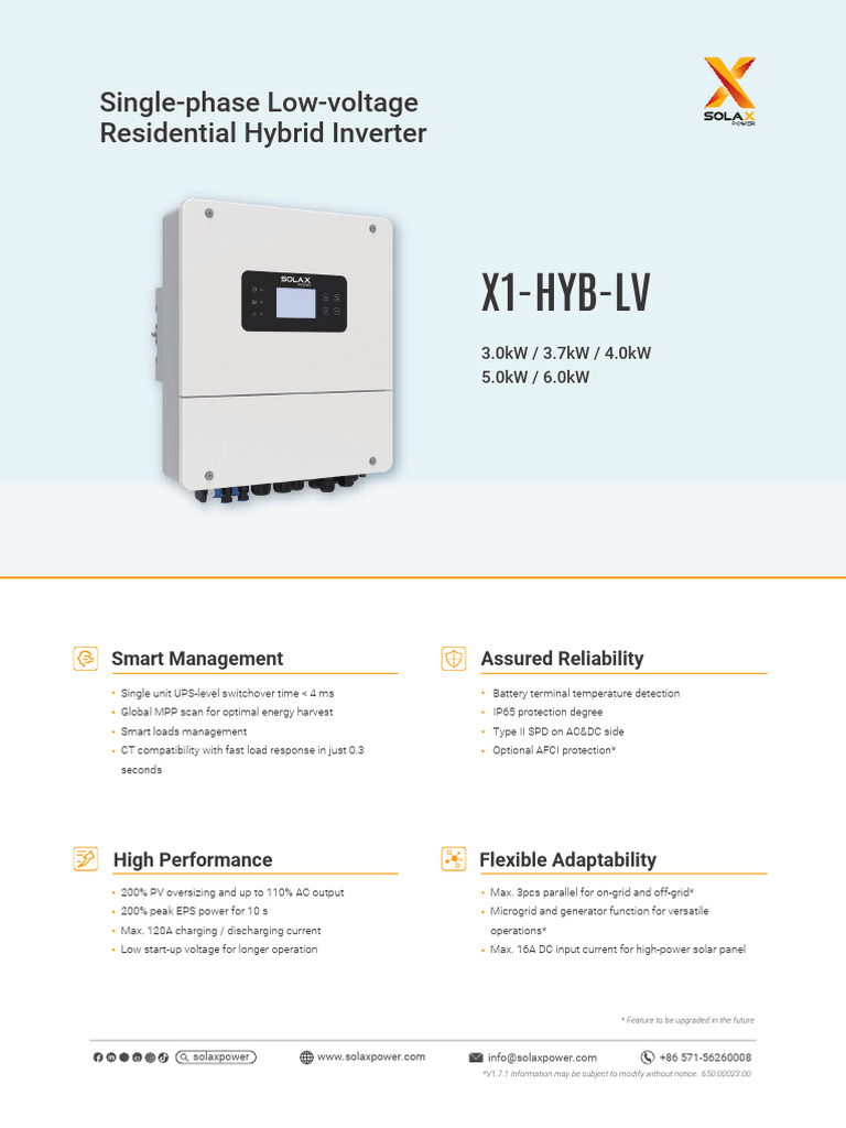 Solax X1-HYB-LV Inverter Datasheet | PDF