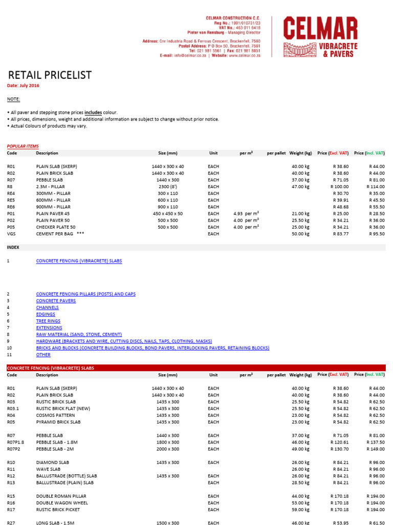 Celmar Retail Price List | PDF | Brick | Concrete