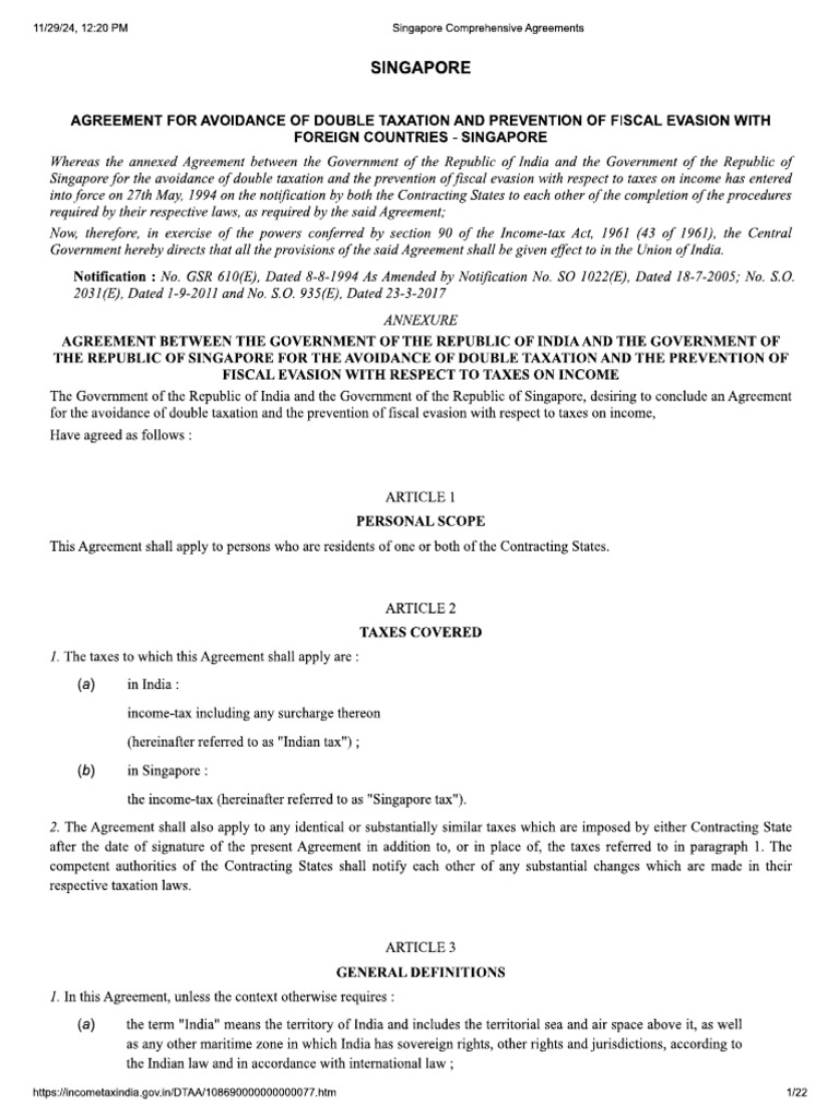 India - Singapore DTAA (29-11-2024) | PDF