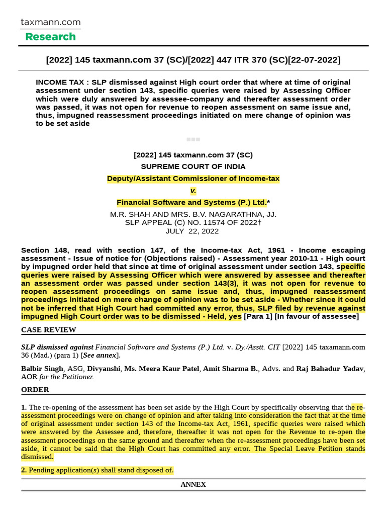DCIT Vs Financial Software and Systems (P.) Ltd. | PDF | Certiorari ...