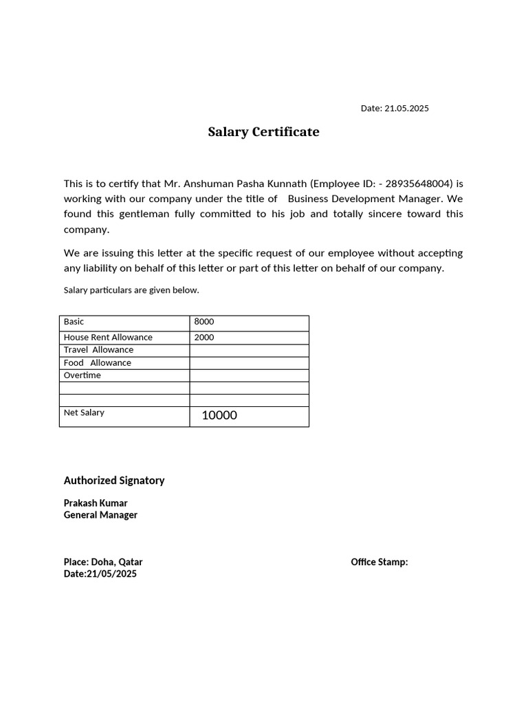Salary Certificate Templat | PDF