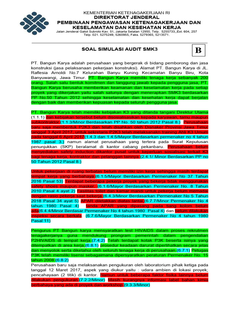 Soal Simulasi Audit SMK3 B New | PDF