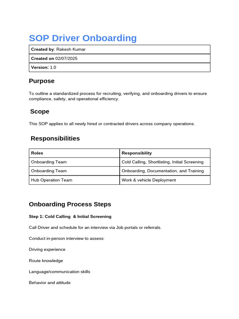 SOP Driver Onboarding | PDF