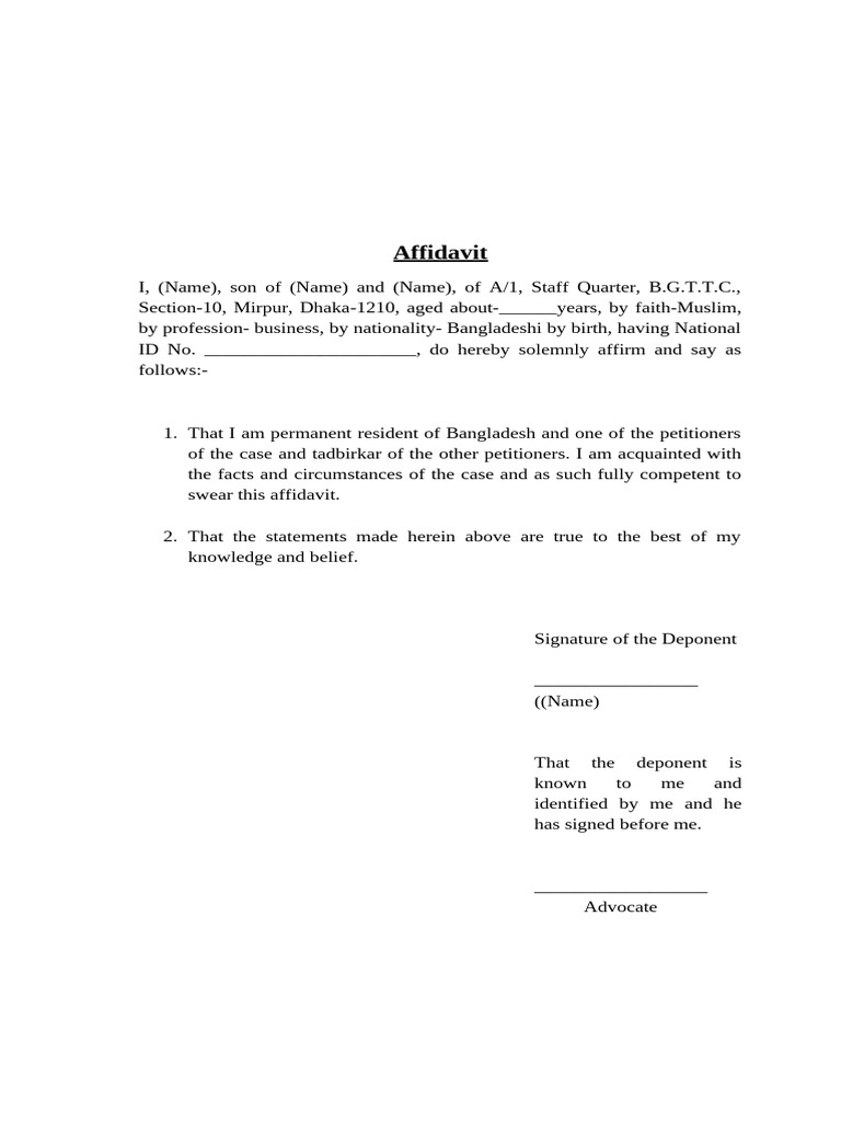 Legal Affidavit Template for Bangladesh | PDF