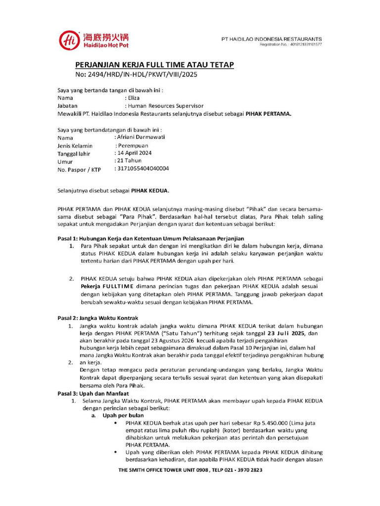 PKWT An - Afriani Darmawati | PDF