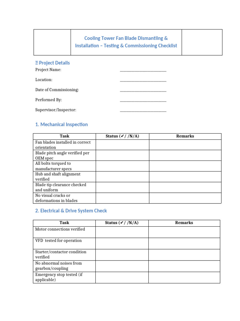Cooling Tower Fan Blade Checklist Tables | PDF | Electric Motor ...