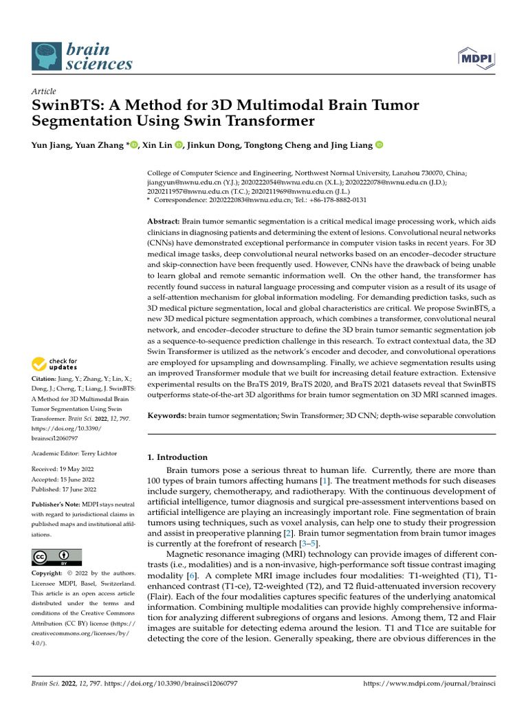 3.SwinBTS - A Method For 3D Multimodal Brain Tumor Segmentation Using Swin Transformer | PDF ...