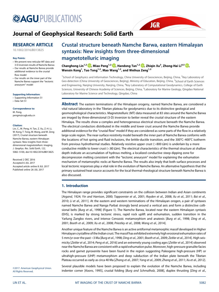 2017 - Lin - JGR - Crustal Structure Beneath Namche Barwa, Eastern ...