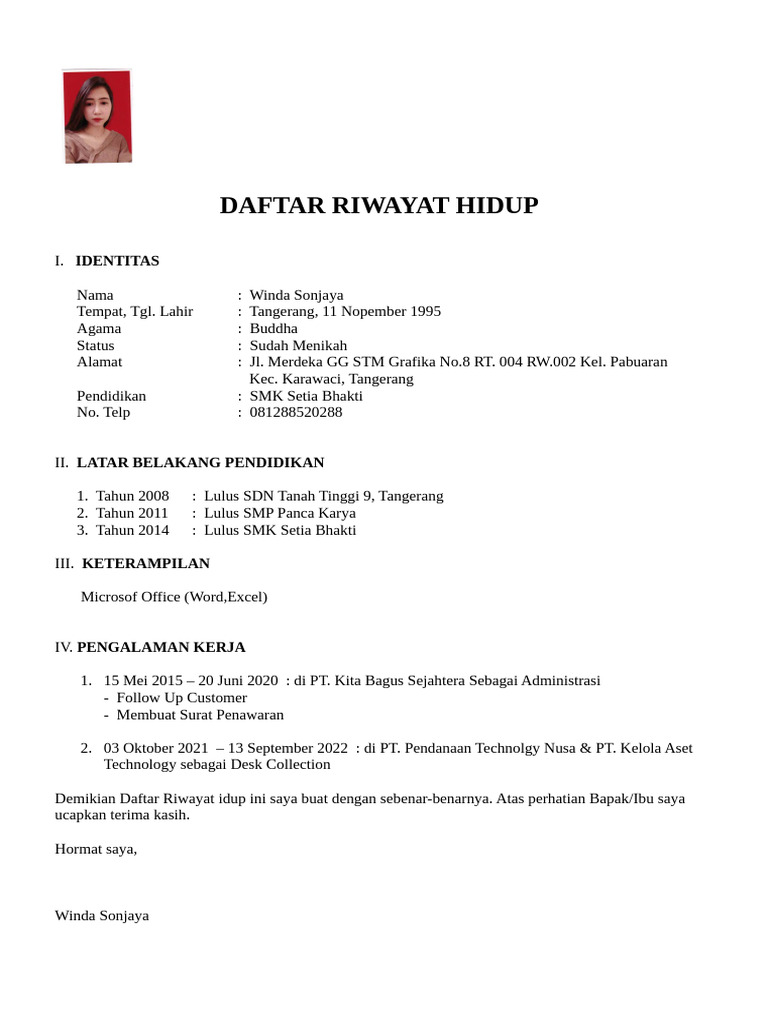 Daftar Riwayat Hidup An. Winda Sonjaya | PDF