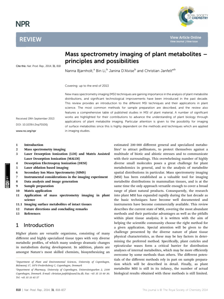 Mass Spectrometry Imaging For Plant Metabolites | PDF | Metabolomics ...