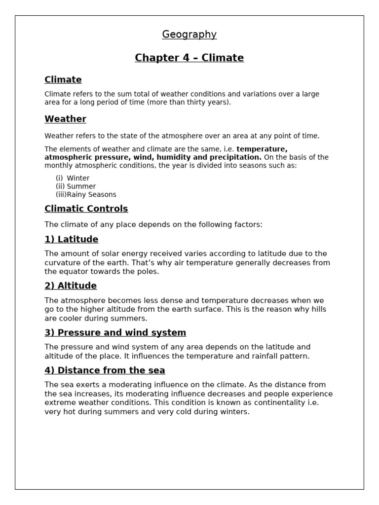 Climate Factors in India: Class 9 Notes | PDF | Monsoon | Climate