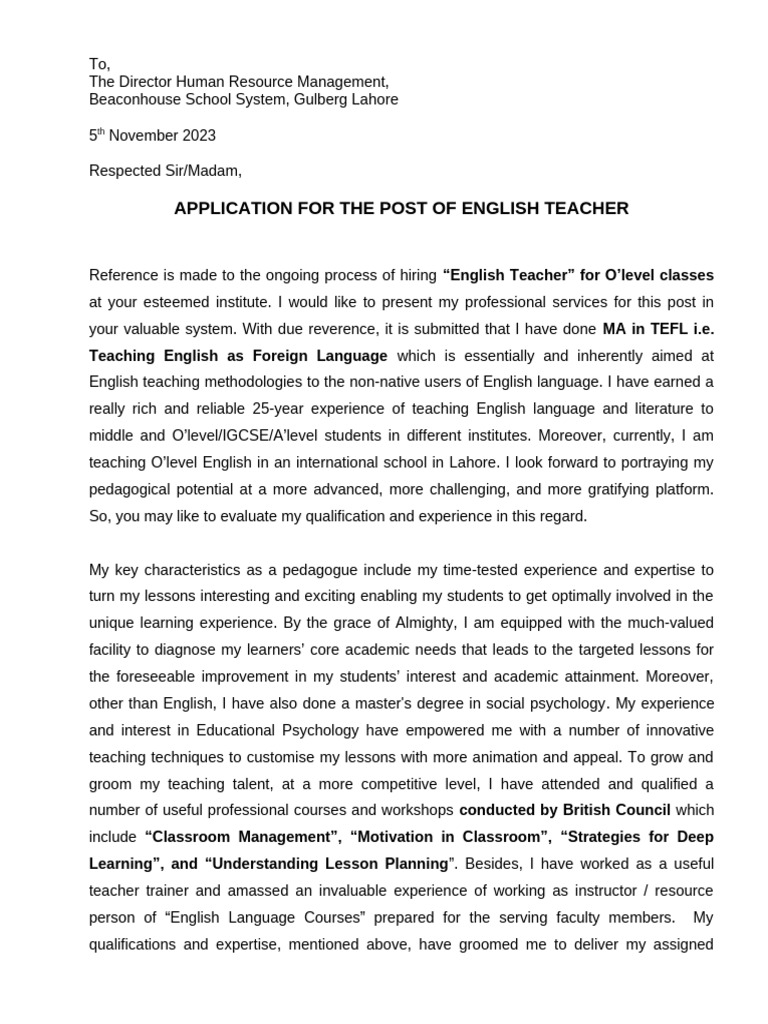 CV For Beaconhouse Gulberg | PDF | Teachers | Pedagogy