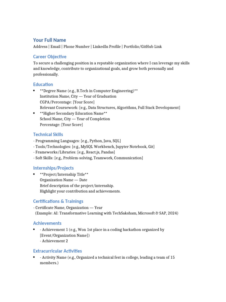 Fresher Resume Template Pdf