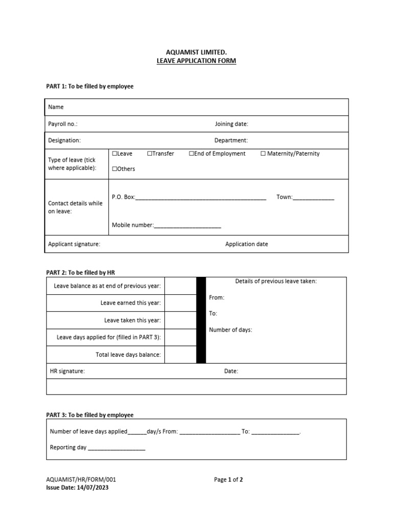 Aquamist Leave Application Form | PDF