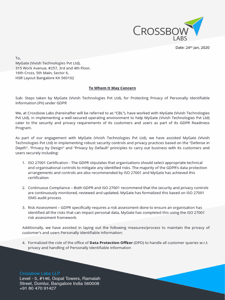 MyGate GDPR Readiness Letter Final | PDF | Privacy | Risk
