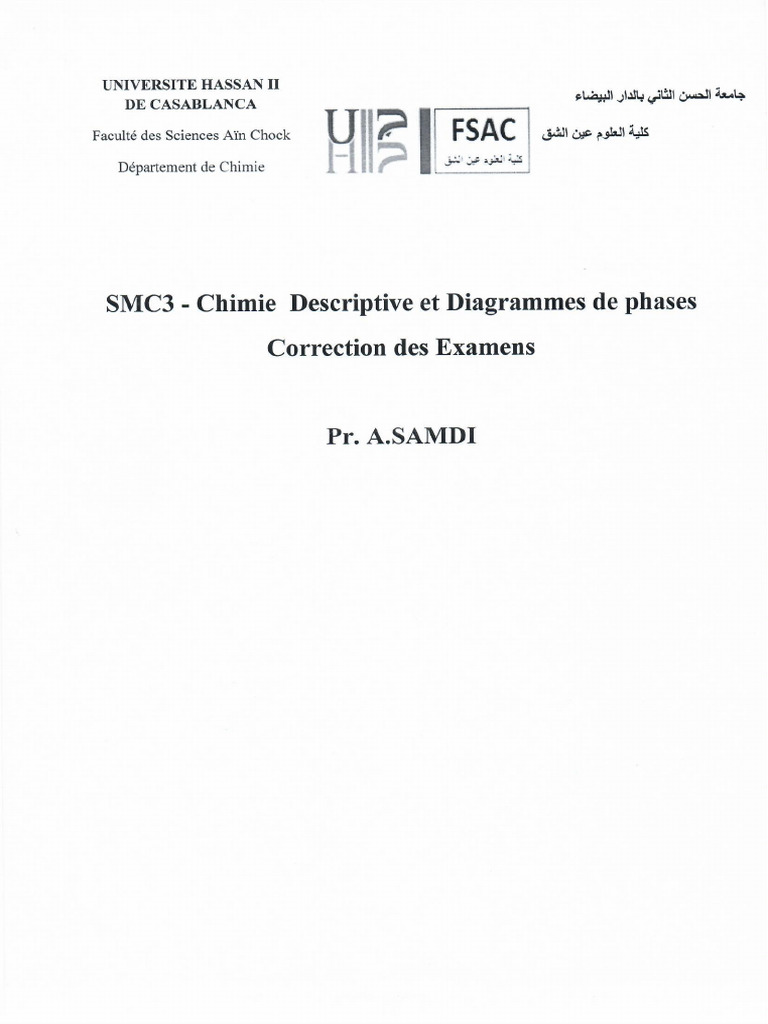 Universite Hassan II Casablanca Fsac Examens Corriges Smc3 Chimie Descriptive Diagrammes ...