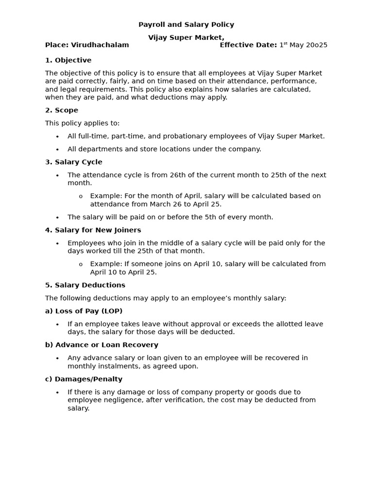 VSM - Payroll and Salary Processing Policy | PDF | Payroll | Salary