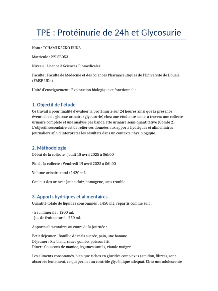 Protéinurie et Glycosurie : Étude de 24h | PDF | Urine