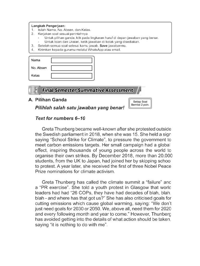 SMP Bahasa Inggris 8 Final Semester Summative Assessment | PDF | Oceanography