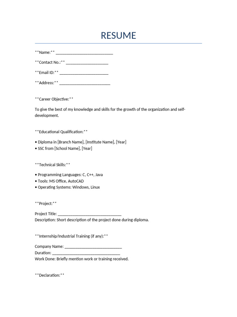 Diploma Fresher Resume Template | PDF